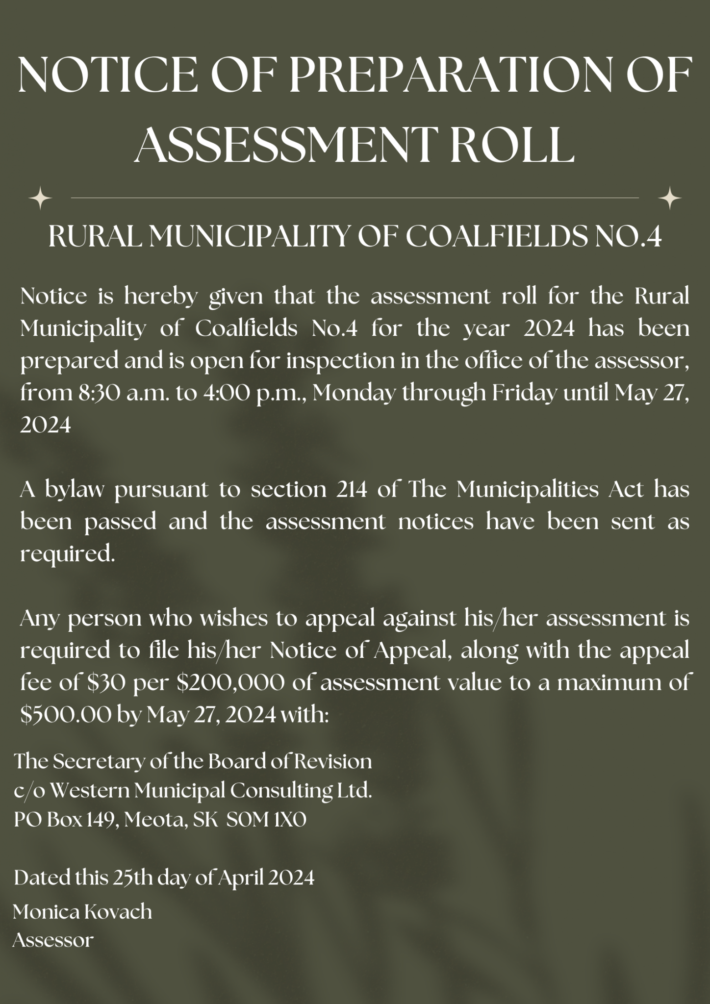 Notice of Preparation of Assessment Roll - RM of Coalfields No. 4