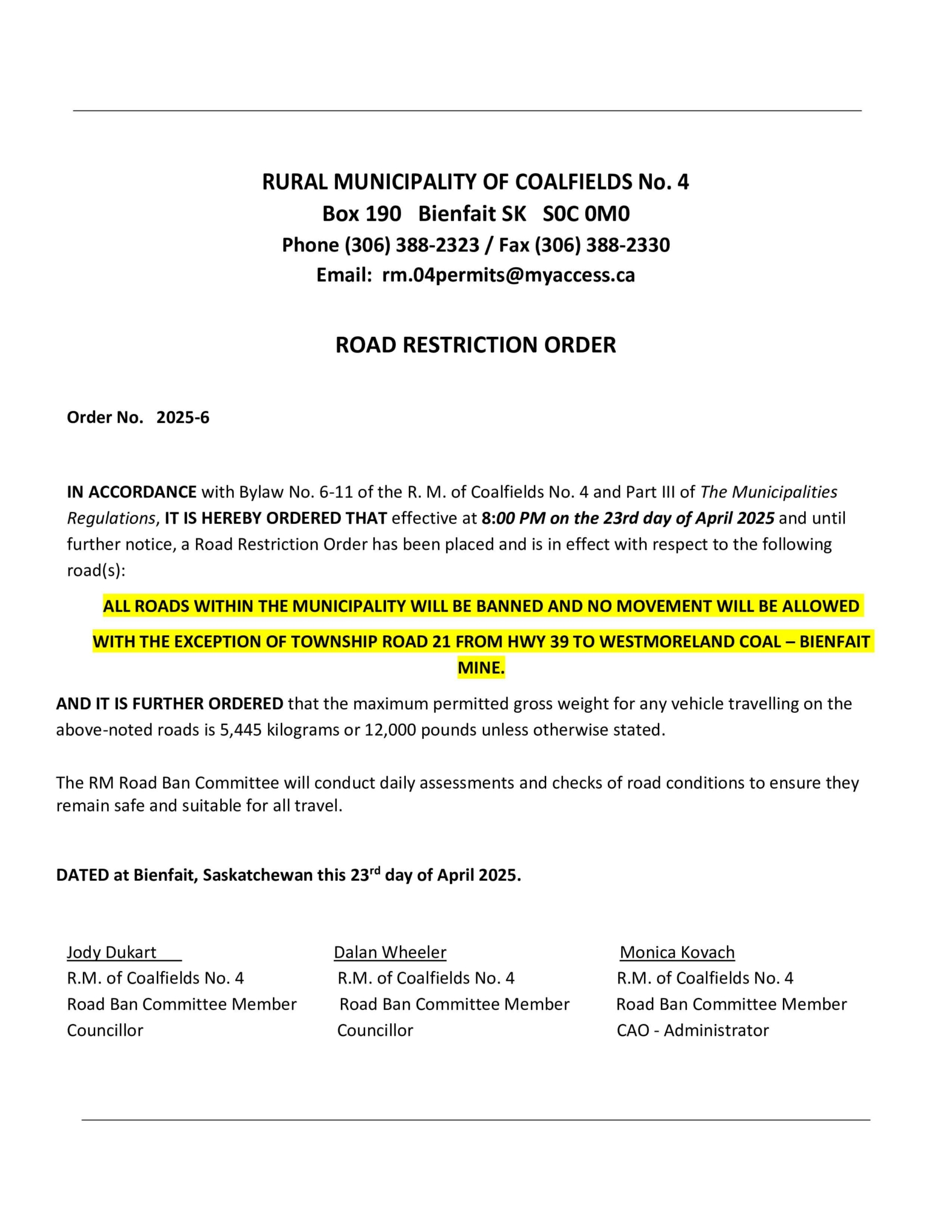 Road Restriction Order 2025-6 - RM of Coalfields No. 4